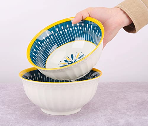 bozopion 56 oz Ceramic Salad Bowls,8 Inch Serving Bowls,Set of 2,Porcelain Bowls for Kitchen,White Blue and Yellow