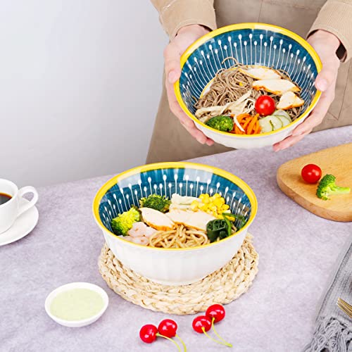 bozopion 56 oz Ceramic Salad Bowls,8 Inch Serving Bowls,Set of 2,Porcelain Bowls for Kitchen,White Blue and Yellow