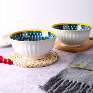 bozopion 56 oz Ceramic Salad Bowls,8 Inch Serving Bowls,Set of 2,Porcelain Bowls for Kitchen,White Blue and Yellow