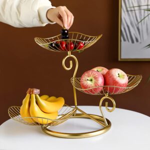 wentian 3 Tier iron Fruit bowl basket Table top vegetable banana and apple storage basket Lotus shaped fruit stand for home (Gold)