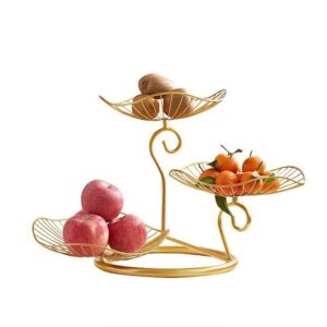 wentian 3 Tier iron Fruit bowl basket Table top vegetable banana and apple storage basket Lotus shaped fruit stand for home (Gold)