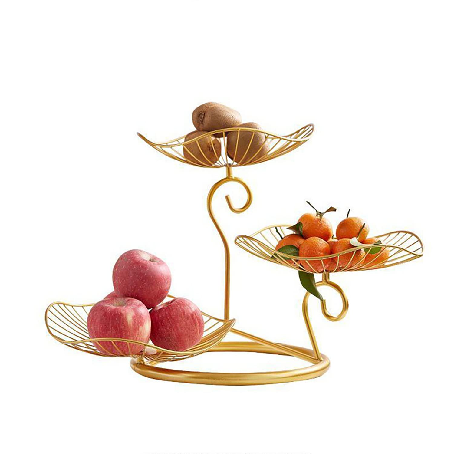 wentian 3 Tier iron Fruit bowl basket Table top vegetable banana and apple storage basket Lotus shaped fruit stand for home (Gold)