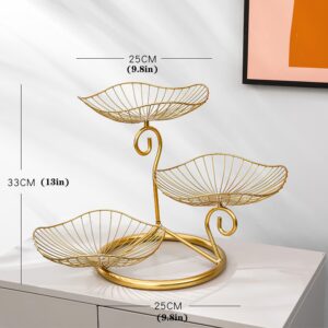 wentian 3 Tier iron Fruit bowl basket Table top vegetable banana and apple storage basket Lotus shaped fruit stand for home (Gold)