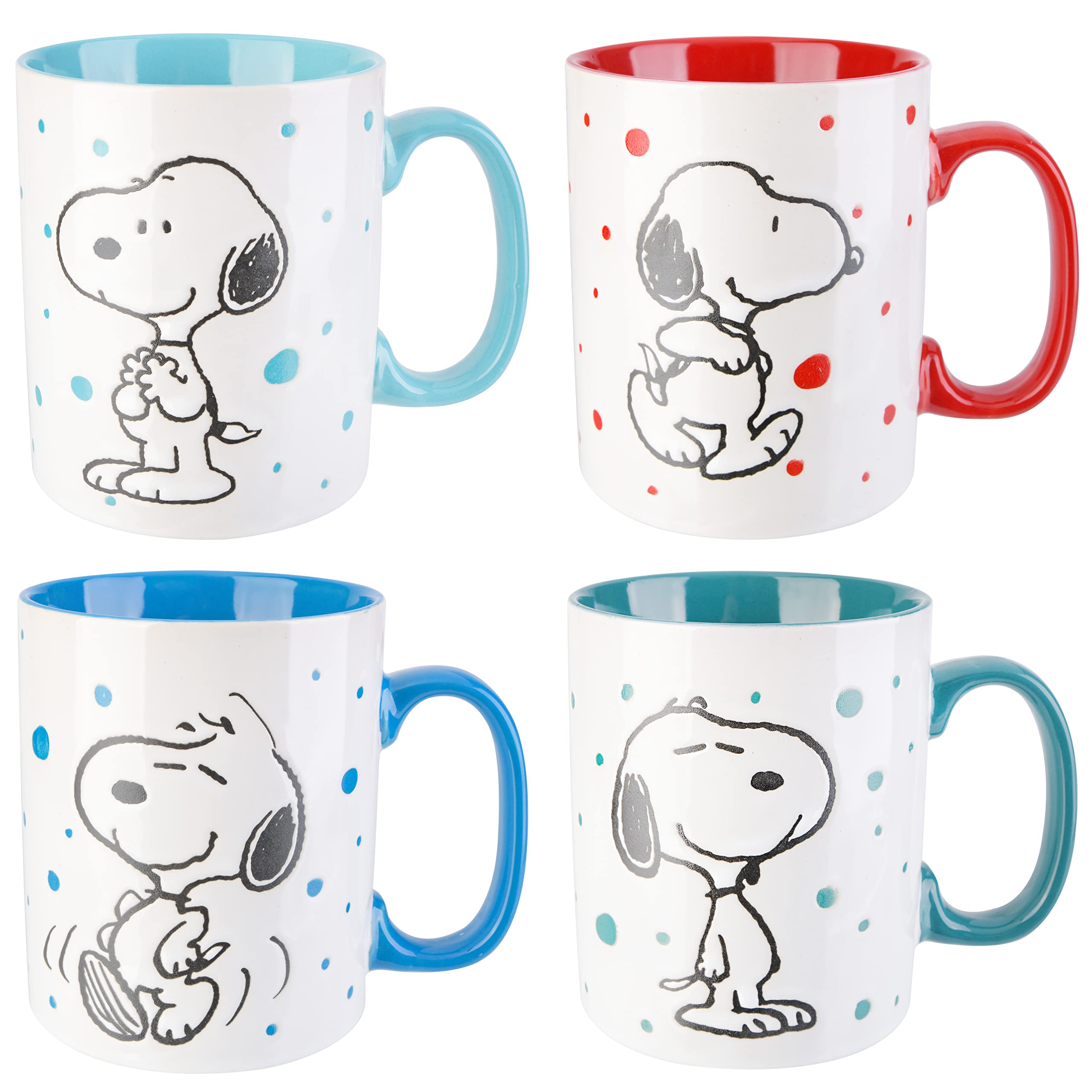 Peanuts Snoopy Freckled Joy 15oz Mugs, Stoneware, 4-Pack, Assorted Colors