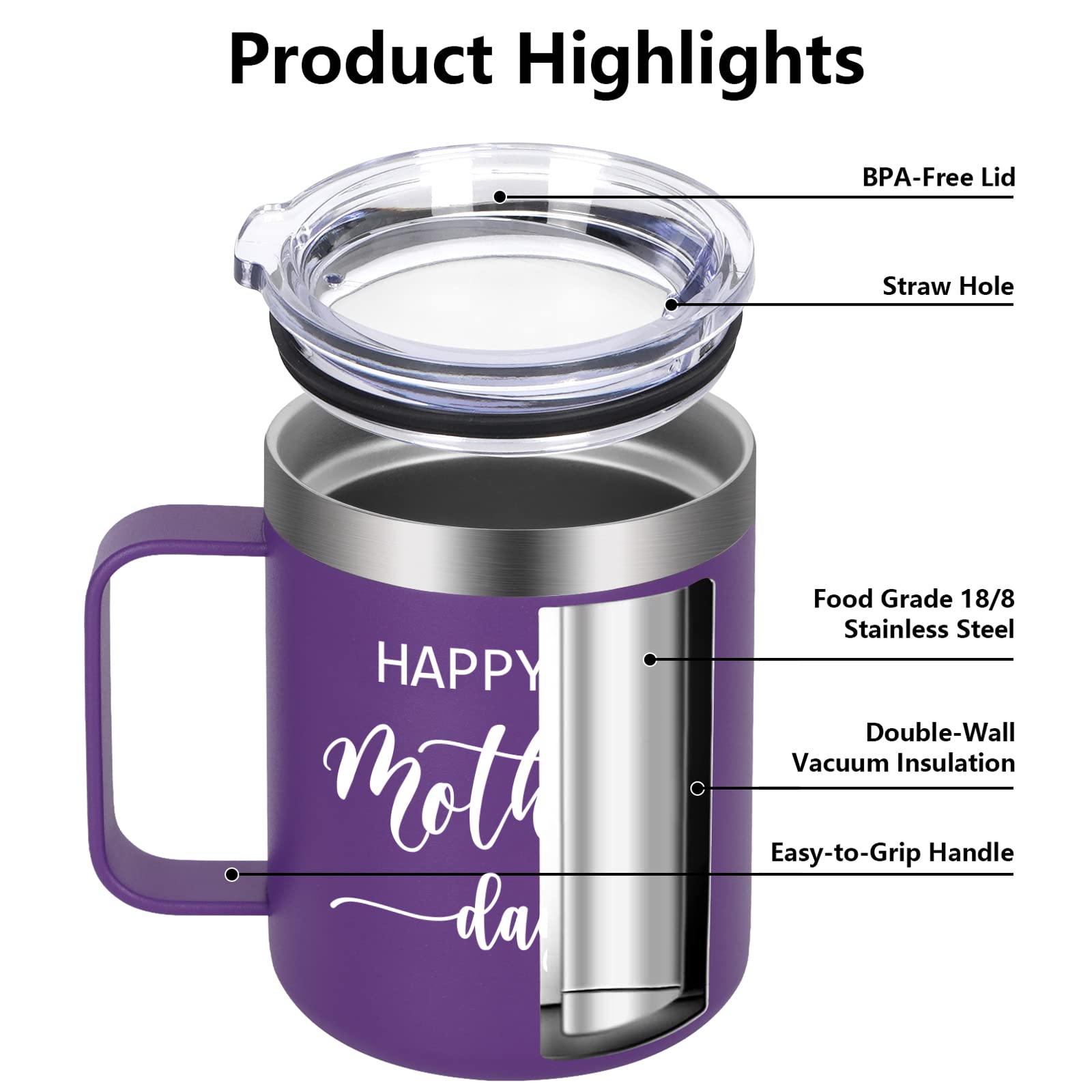 Gtmileo Mothers Day Gifts for Mom, Happy Mothers Day Stainless Steel Insulated Coffee Mug, Mom Gifts from Daughter Son, Birthday Christmas Gifts for Mom New Mom Mom to Be Mother Women(12oz, Purple)