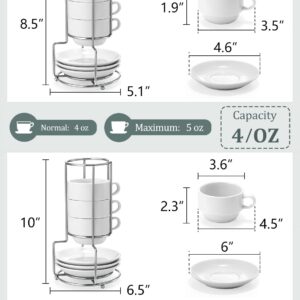 Yedio Porcelain 8 oz Coffee Cups with Saucers and Metal Stand, Porcelain Stackable Cappuccino Cups with Metal Stand, White, Set of 4