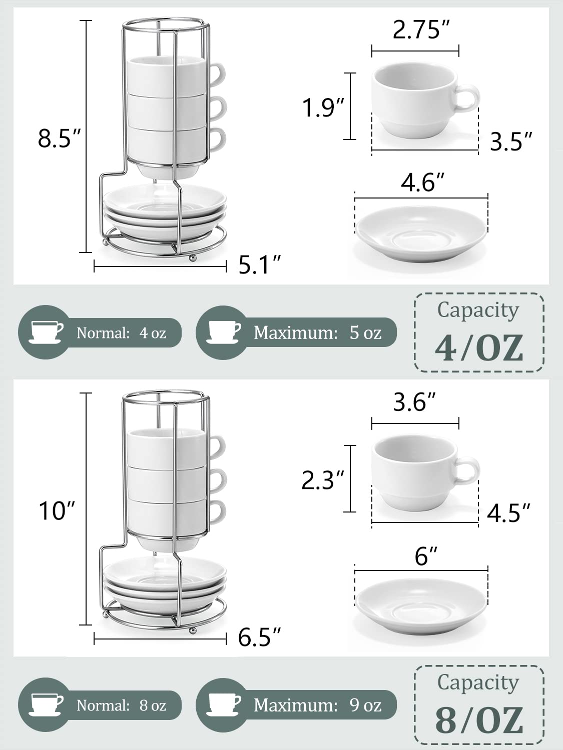 Yedio Porcelain 8 oz Coffee Cups with Saucers and Metal Stand, Porcelain Stackable Cappuccino Cups with Metal Stand, White, Set of 4