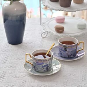 Taimei Teatime Coffee Cup and Saucer, Set of 2, 6.5 oz Porcelain Cappuccino Cups with Iridescent Glaze for Coffee Drinks, Latte, Cafe Mocha and Tea, Coffee Cups for Coffee Shop and Barista