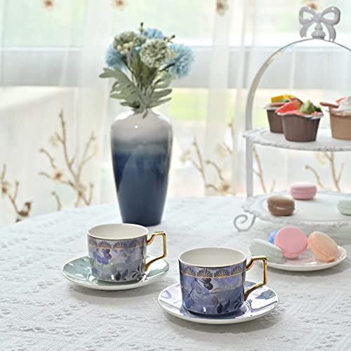 Taimei Teatime Coffee Cup and Saucer, Set of 2, 6.5 oz Porcelain Cappuccino Cups with Iridescent Glaze for Coffee Drinks, Latte, Cafe Mocha and Tea, Coffee Cups for Coffee Shop and Barista