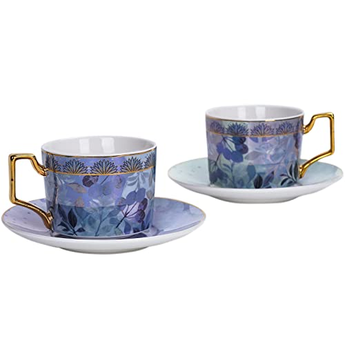 Taimei Teatime Coffee Cup and Saucer, Set of 2, 6.5 oz Porcelain Cappuccino Cups with Iridescent Glaze for Coffee Drinks, Latte, Cafe Mocha and Tea, Coffee Cups for Coffee Shop and Barista