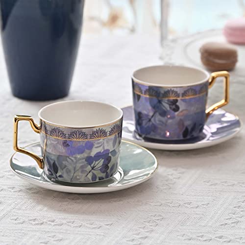 Taimei Teatime Coffee Cup and Saucer, Set of 2, 6.5 oz Porcelain Cappuccino Cups with Iridescent Glaze for Coffee Drinks, Latte, Cafe Mocha and Tea, Coffee Cups for Coffee Shop and Barista