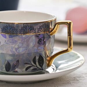 Taimei Teatime Coffee Cup and Saucer, Set of 2, 6.5 oz Porcelain Cappuccino Cups with Iridescent Glaze for Coffee Drinks, Latte, Cafe Mocha and Tea, Coffee Cups for Coffee Shop and Barista