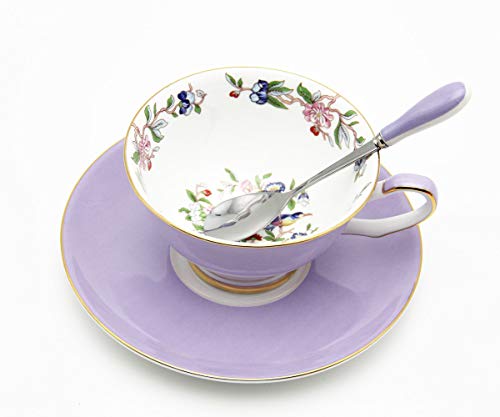 3 Piece Bone China Cup and Saucer Set with Spoon Vintage Porcelain Coffee Cup Set, Floral Tea Cup Set with Gold Trim and Gift Box, 7.1oz.