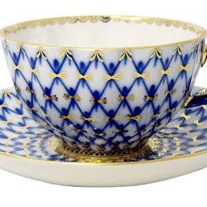 Lomonosov Porcelain Tulip Cobalt Net Tea Cup and Saucer Set 8.45 oz/250 ml