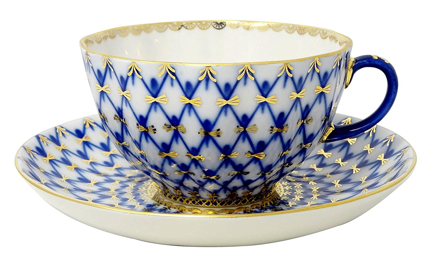 Lomonosov Porcelain Tulip Cobalt Net Tea Cup and Saucer Set 8.45 oz/250 ml