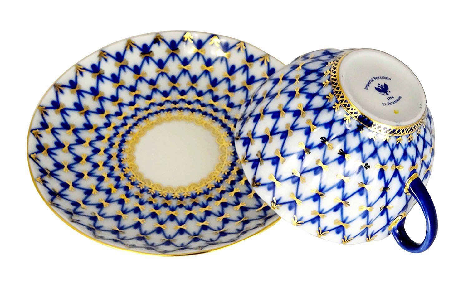 Lomonosov Porcelain Tulip Cobalt Net Tea Cup and Saucer Set 8.45 oz/250 ml