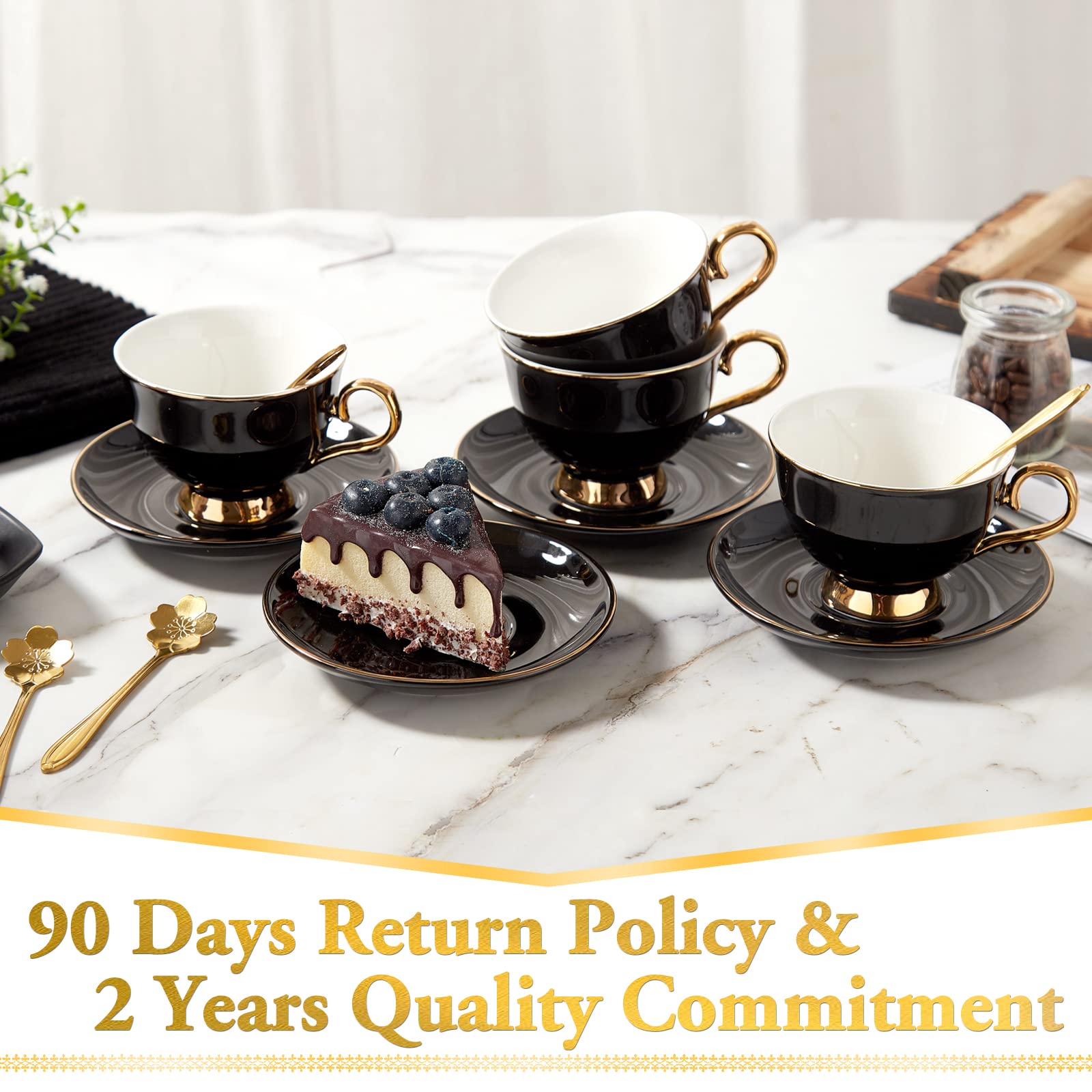 DUJUST Tea Cups and Saucers Set of 4 (7.4oz), Luxury Tea Cup Set with Golden Trim, Black Coffee Cups with Metal Stand, British Porcelain Tea Party Set - Black