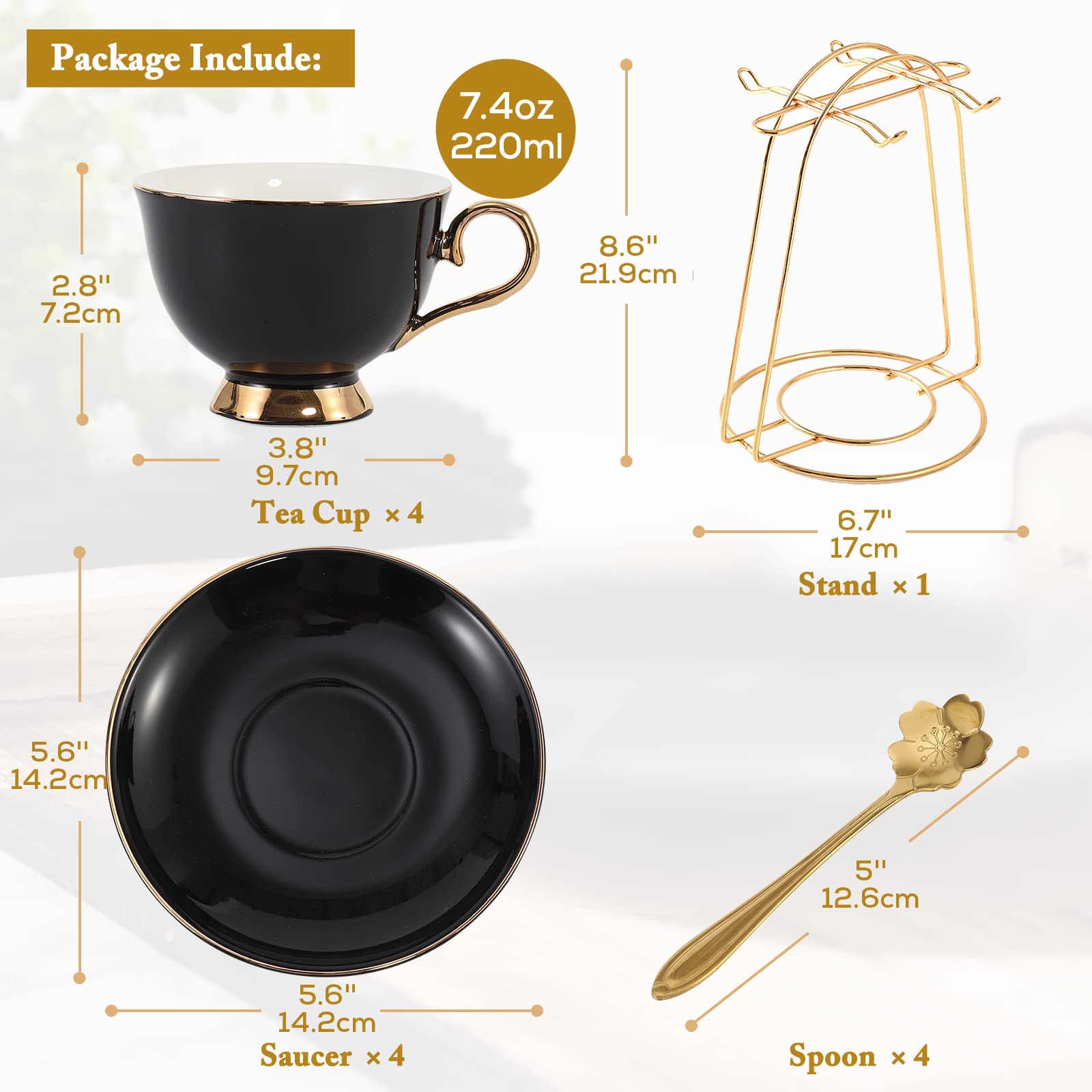 DUJUST Tea Cups and Saucers Set of 4 (7.4oz), Luxury Tea Cup Set with Golden Trim, Black Coffee Cups with Metal Stand, British Porcelain Tea Party Set - Black