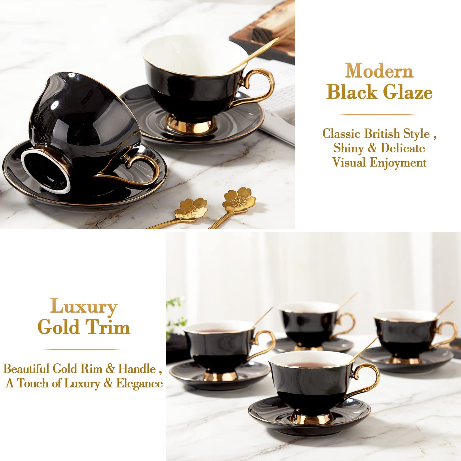 DUJUST Tea Cups and Saucers Set of 4 (7.4oz), Luxury Tea Cup Set with Golden Trim, Black Coffee Cups with Metal Stand, British Porcelain Tea Party Set - Black