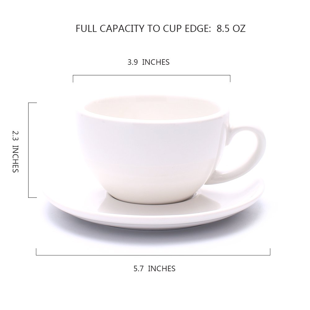 Coffeezone Cappuccino Barista Cup and Saucer Latte Art & Americano, New Bone China Coffee Shop Use (Glossy White, 8.5 oz)