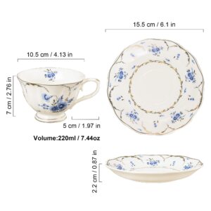 fanquare Blue Tea Cup and Saucer Set for 1, Floral Coffee Cup with Plate Set, English Porcelain Tea Cup, 7.4oz