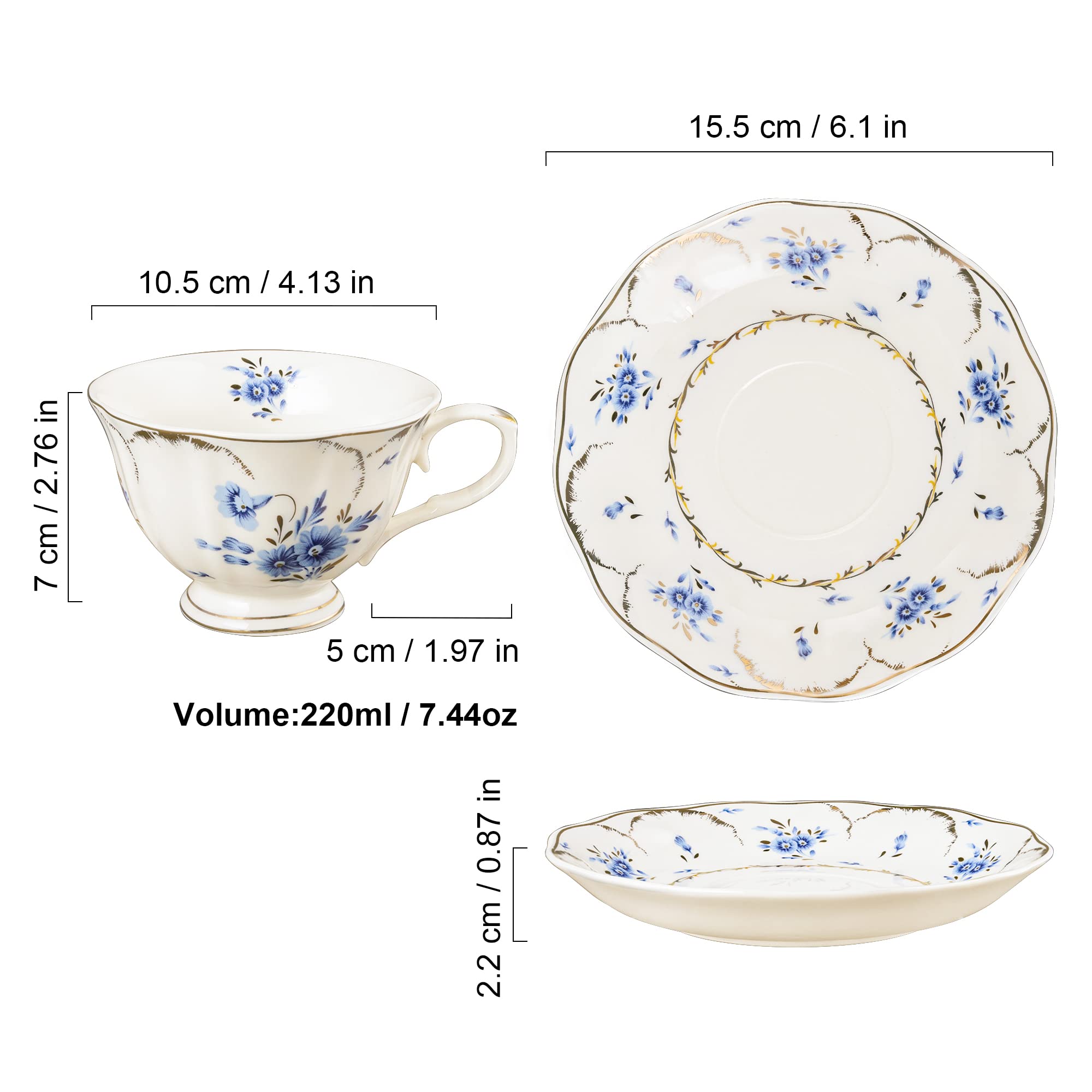 fanquare Blue Tea Cup and Saucer Set for 1, Floral Coffee Cup with Plate Set, English Porcelain Tea Cup, 7.4oz