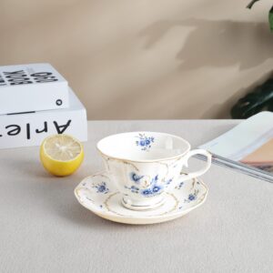 fanquare Blue Tea Cup and Saucer Set for 1, Floral Coffee Cup with Plate Set, English Porcelain Tea Cup, 7.4oz