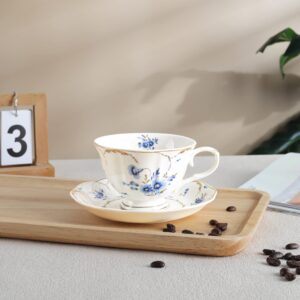 fanquare Blue Tea Cup and Saucer Set for 1, Floral Coffee Cup with Plate Set, English Porcelain Tea Cup, 7.4oz