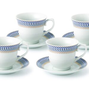 WORLD GIFTS Elegant Durable and Colorful Porcelain Tea-Coffee Cups and Saucers Set - Blue and Gold, 8 oz. Set of 4