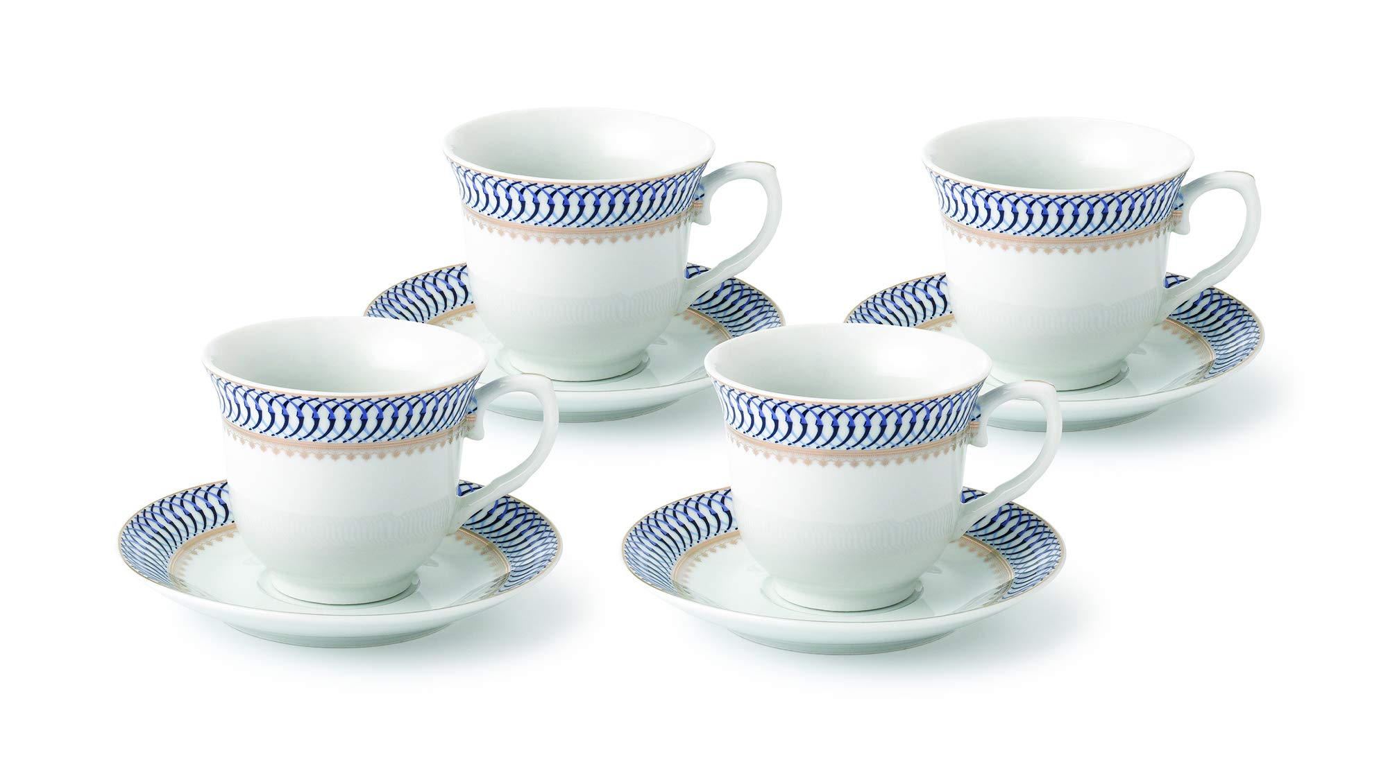 WORLD GIFTS Elegant Durable and Colorful Porcelain Tea-Coffee Cups and Saucers Set - Blue and Gold, 8 oz. Set of 4