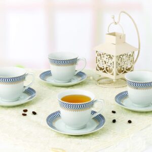 WORLD GIFTS Elegant Durable and Colorful Porcelain Tea-Coffee Cups and Saucers Set - Blue and Gold, 8 oz. Set of 4