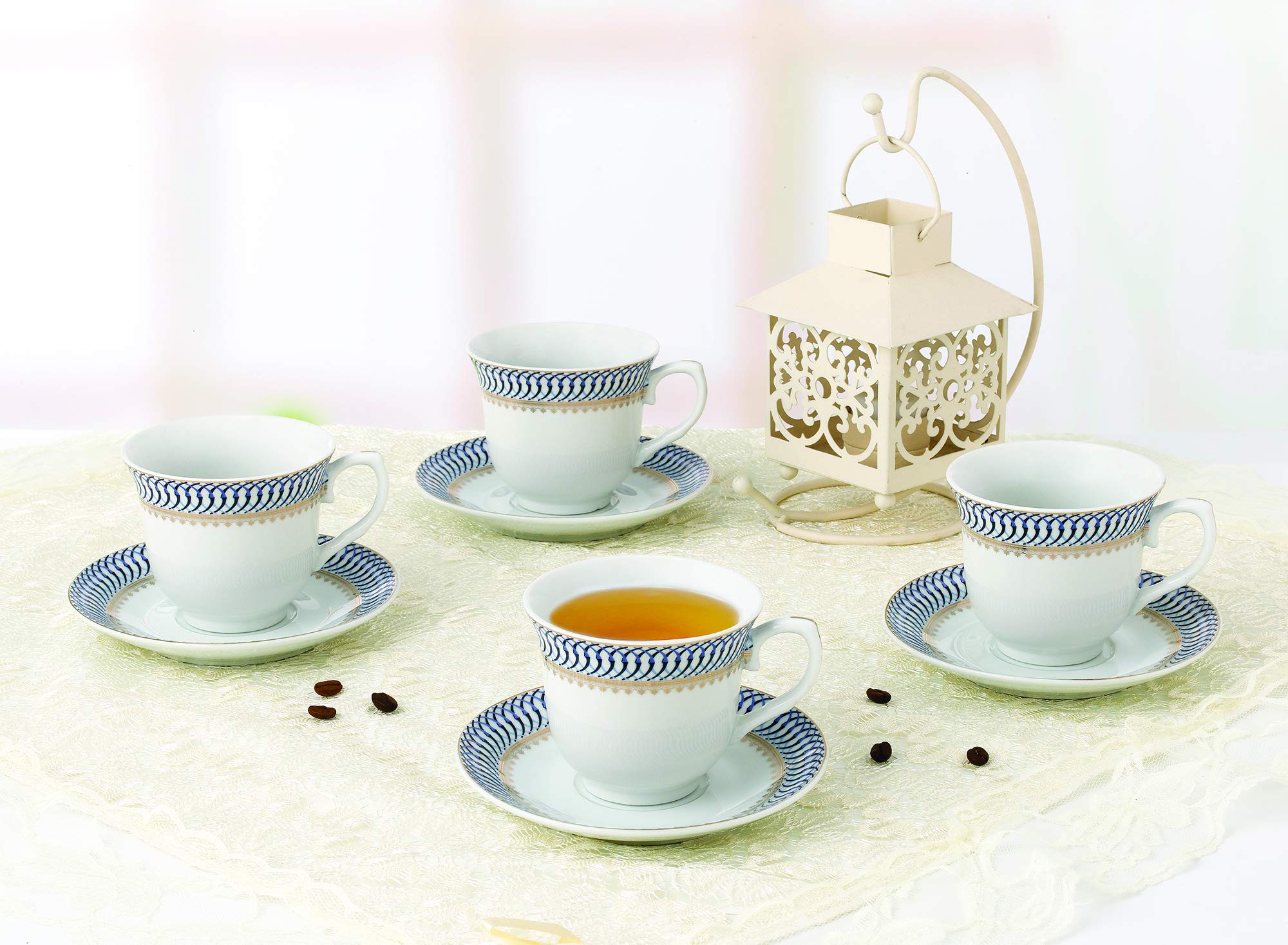 WORLD GIFTS Elegant Durable and Colorful Porcelain Tea-Coffee Cups and Saucers Set - Blue and Gold, 8 oz. Set of 4