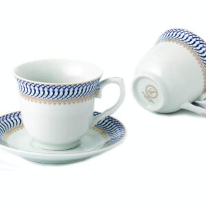 WORLD GIFTS Elegant Durable and Colorful Porcelain Tea-Coffee Cups and Saucers Set - Blue and Gold, 8 oz. Set of 4