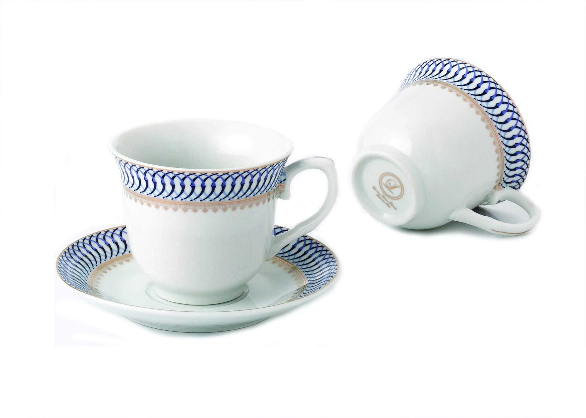 WORLD GIFTS Elegant Durable and Colorful Porcelain Tea-Coffee Cups and Saucers Set - Blue and Gold, 8 oz. Set of 4