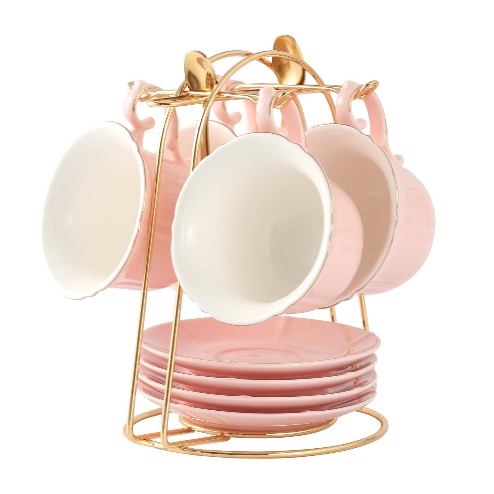 DUJUST Tea Cups and Saucers Set of 4 (8 OZ), Candy Pink Tea Cup Set with Golden Trim, Petal Edge Coffee Cups with Metal Stand, Simple Style Porcelain Tea Party Set - Pink