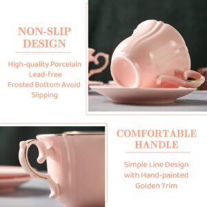 DUJUST Tea Cups and Saucers Set of 4 (8 OZ), Candy Pink Tea Cup Set with Golden Trim, Petal Edge Coffee Cups with Metal Stand, Simple Style Porcelain Tea Party Set - Pink