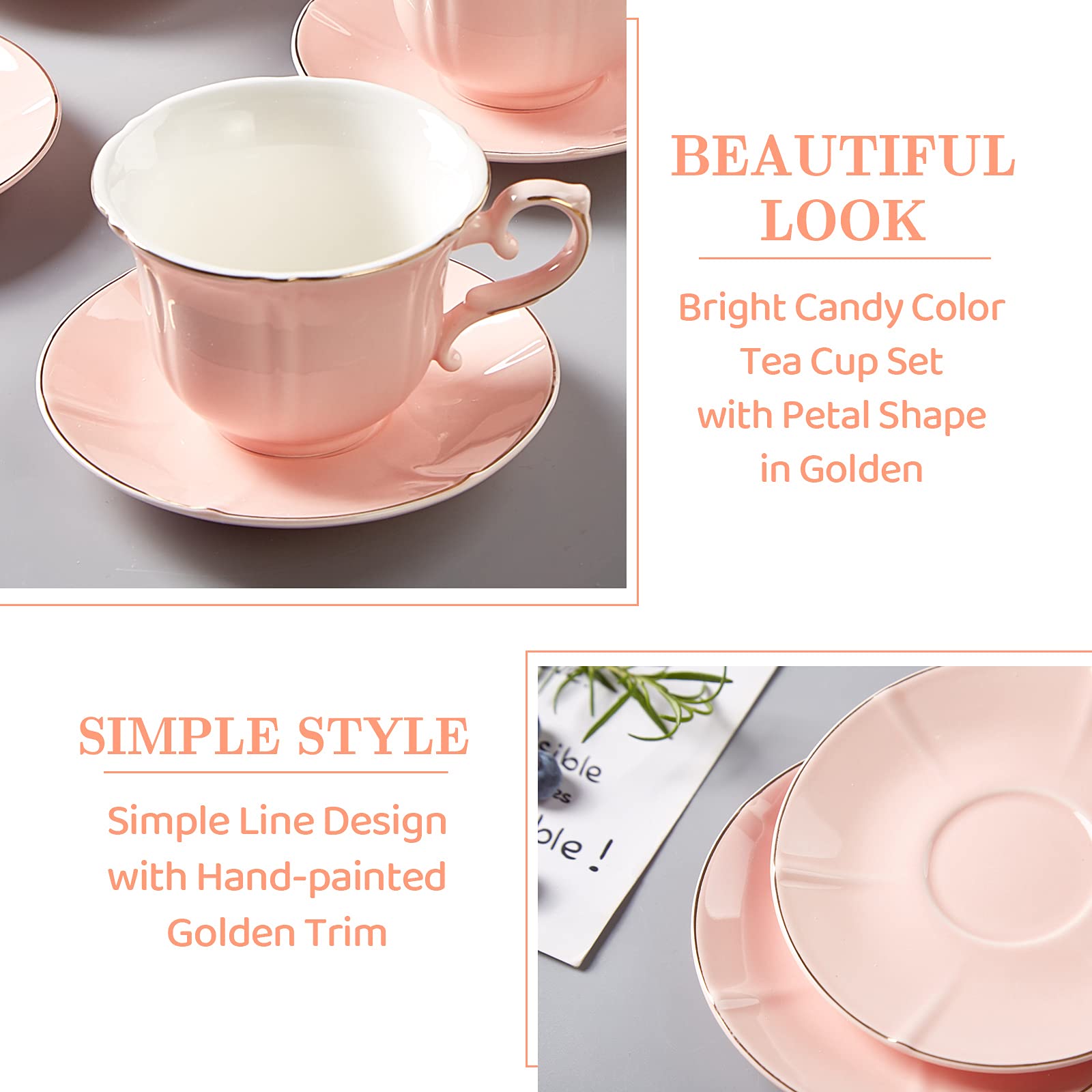 DUJUST Tea Cups and Saucers Set of 4 (8 OZ), Candy Pink Tea Cup Set with Golden Trim, Petal Edge Coffee Cups with Metal Stand, Simple Style Porcelain Tea Party Set - Pink