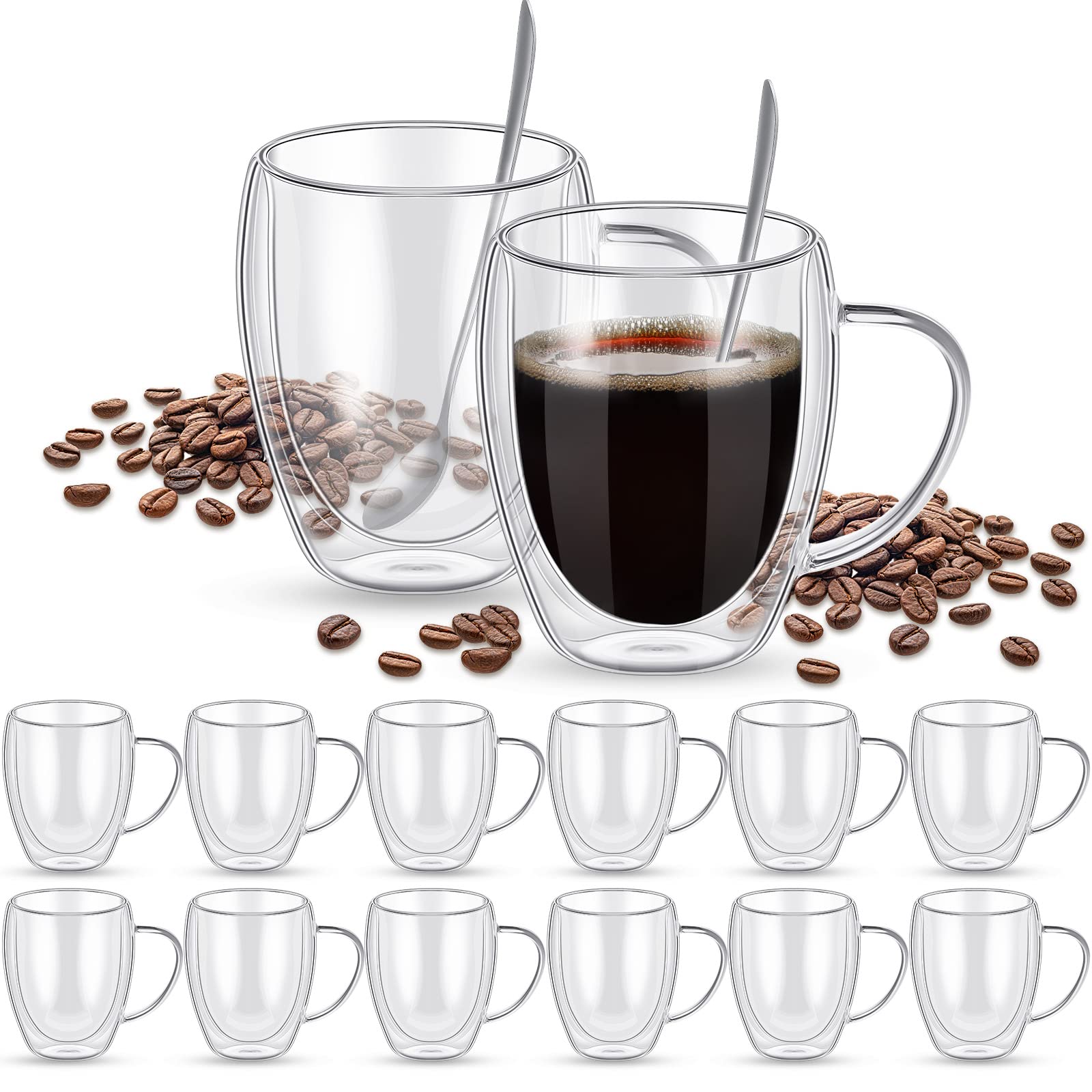 12 Pcs 12 oz Glass Coffee Mugs with Handle Set Clear Glass Coffee Cups Insulated Double Walled Glass Mugs for Hot Beverages Clear Borosilicate Cups with 12 Pcs Spoons for Cappuccino Latte Espresso