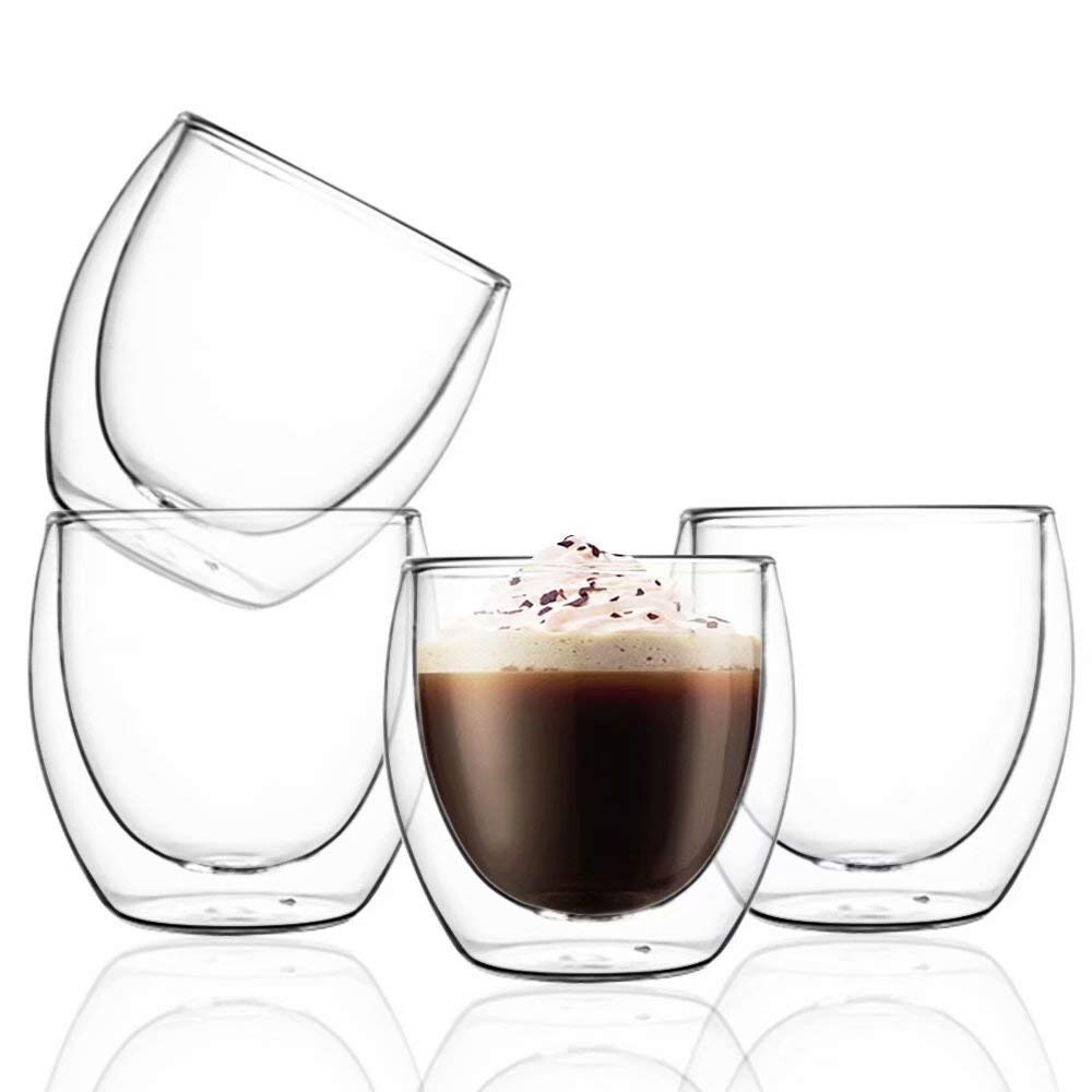 Futu Set of 4, Espresso Cups Shot Glass- 2.7-Ounce (Top to The Rim), Double Wall Thermo Insulated Coffee Glasses for Coffee, Tea, Desserts and Cocktails