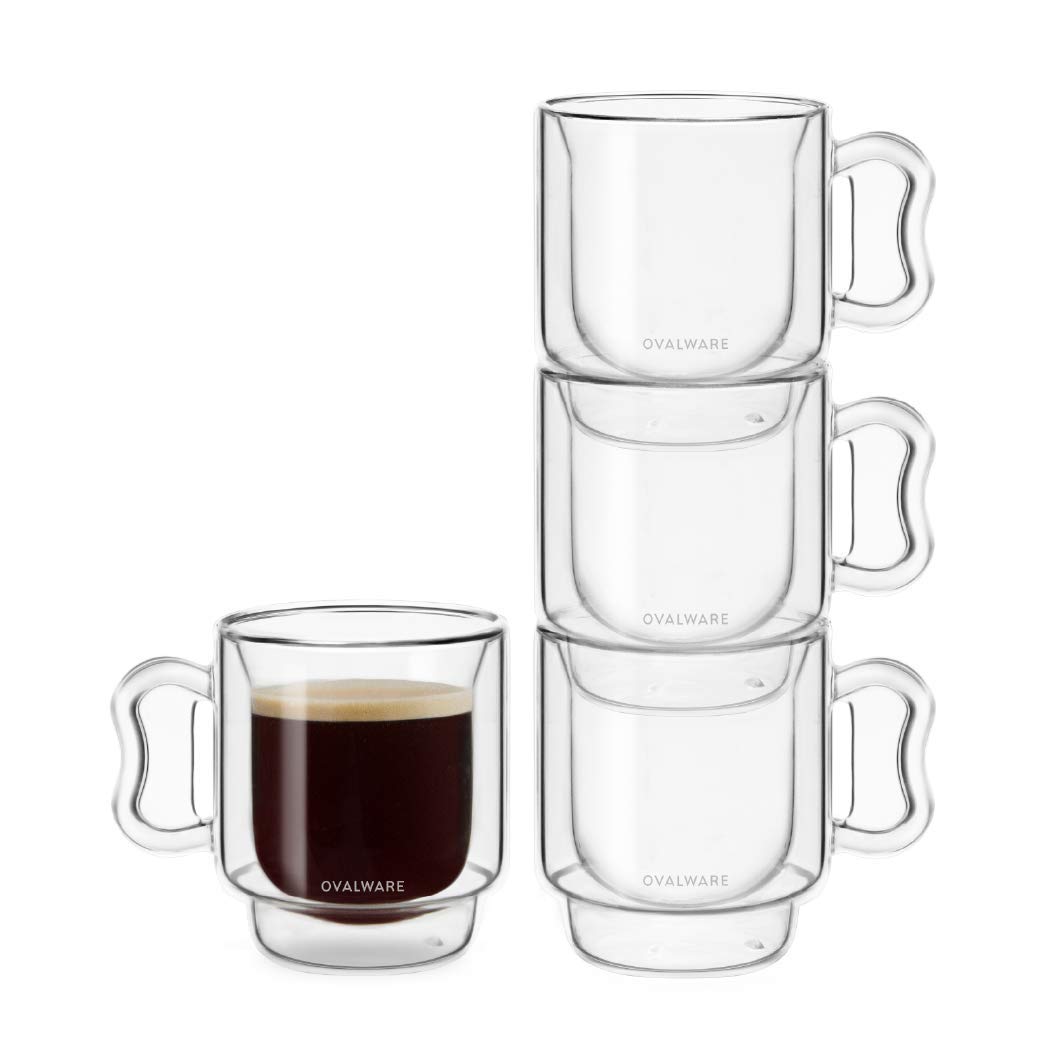 ovalware RJ3 Espresso Coffee Glass Cups 4oz/120ml (Set of 4) Double Walled w/Solid Butterfly Handle - Elegant Borosilicate Espresso Shot Mug - Stackable Insulated Transparent Demitasse Glass