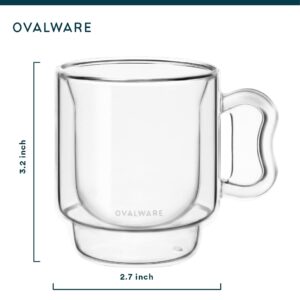 ovalware RJ3 Espresso Coffee Glass Cups 4oz/120ml (Set of 4) Double Walled w/Solid Butterfly Handle - Elegant Borosilicate Espresso Shot Mug - Stackable Insulated Transparent Demitasse Glass