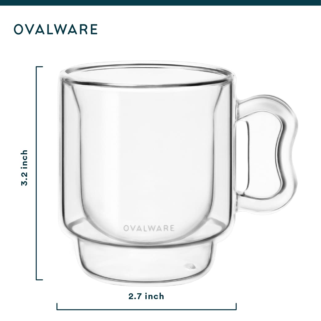 ovalware RJ3 Espresso Coffee Glass Cups 4oz/120ml (Set of 4) Double Walled w/Solid Butterfly Handle - Elegant Borosilicate Espresso Shot Mug - Stackable Insulated Transparent Demitasse Glass