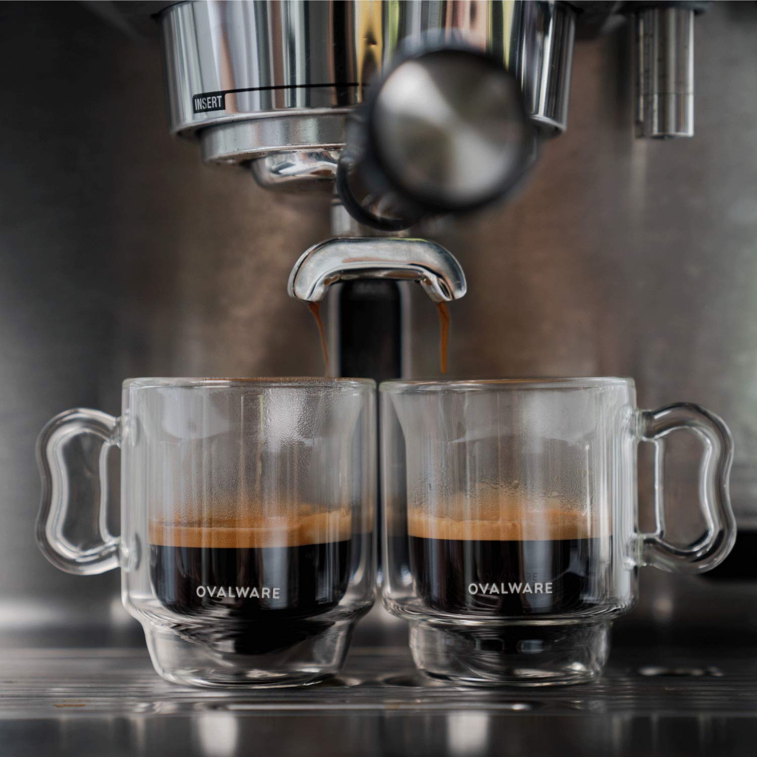 ovalware RJ3 Espresso Coffee Glass Cups 4oz/120ml (Set of 4) Double Walled w/Solid Butterfly Handle - Elegant Borosilicate Espresso Shot Mug - Stackable Insulated Transparent Demitasse Glass