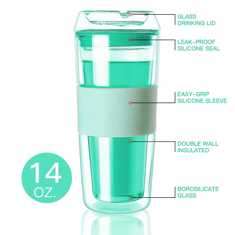 cicike Glass Tumbler with Silicone Sleeve, Iced Coffee Cup, Glass Cup, Double Walled Glass Coffee Mug, Reusable Cup for Hot & Cold Beverages, 14oz. Capacity, All Made of Glass Including the Lid