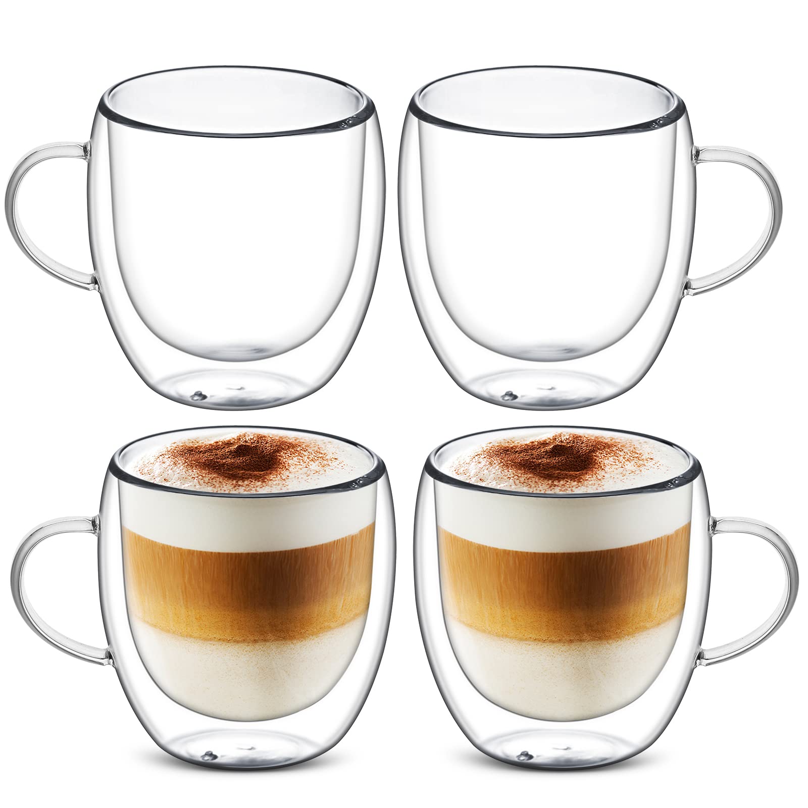 Set of 4 Cappuccino Glass Mugs,Double Wall Insulated Coffee Mugs,Clear Glass Mugs with Handle,Glass Coffee Cups,Perfect for Latte, Americano, Espresso,Cappuccinos,Tea, Beverage(250ml /8.45oz)