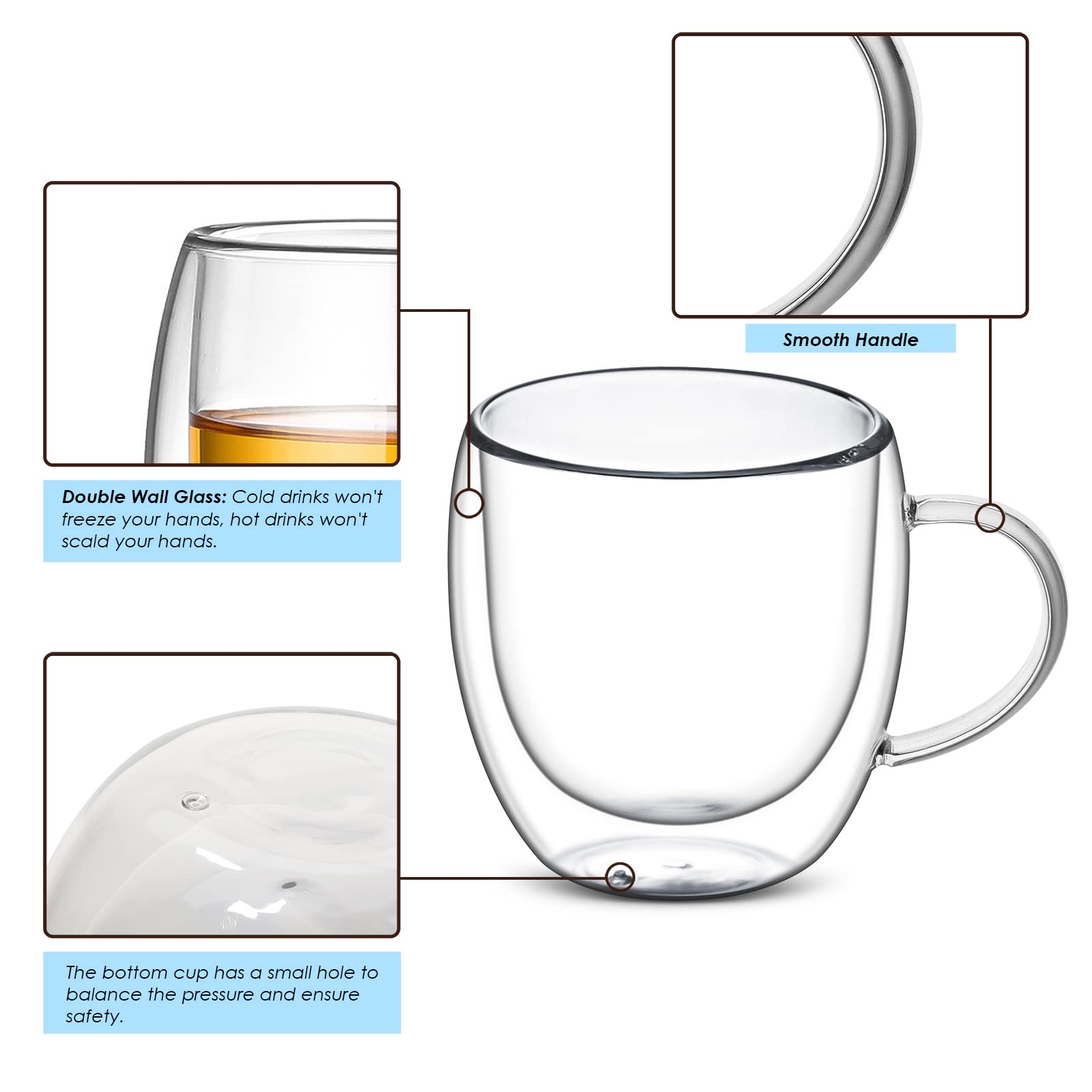 Set of 4 Cappuccino Glass Mugs,Double Wall Insulated Coffee Mugs,Clear Glass Mugs with Handle,Glass Coffee Cups,Perfect for Latte, Americano, Espresso,Cappuccinos,Tea, Beverage(250ml /8.45oz)