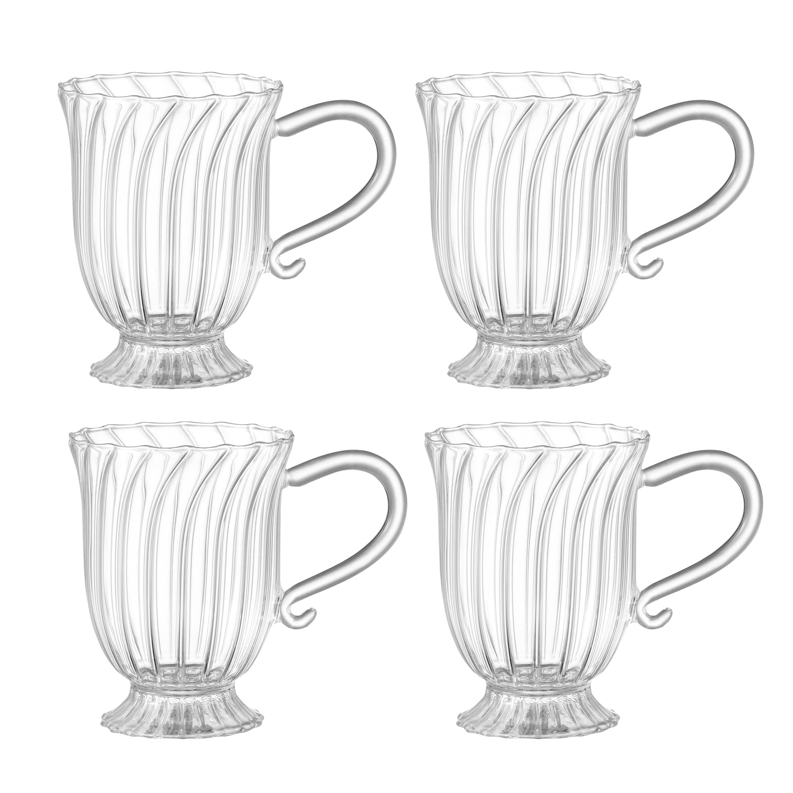 FERMID Glass Coffee Mugs for Hot Drinks with Handle Mugs Set of 4PCS 10oz/300ml Vintage Glass Tea Cups Heat Resistant Cold Crystal Clear Mugs for Latte Cappuccino Espresso glasses