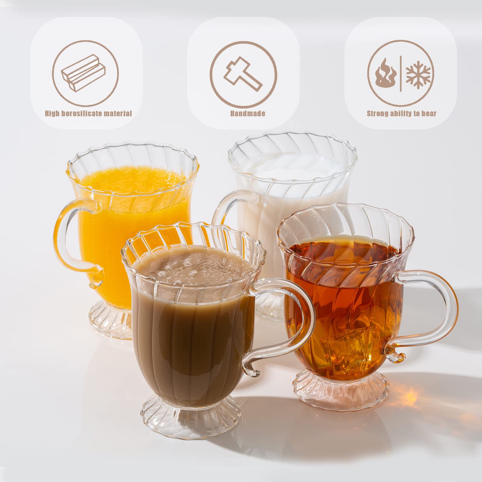 FERMID Glass Coffee Mugs for Hot Drinks with Handle Mugs Set of 4PCS 10oz/300ml Vintage Glass Tea Cups Heat Resistant Cold Crystal Clear Mugs for Latte Cappuccino Espresso glasses