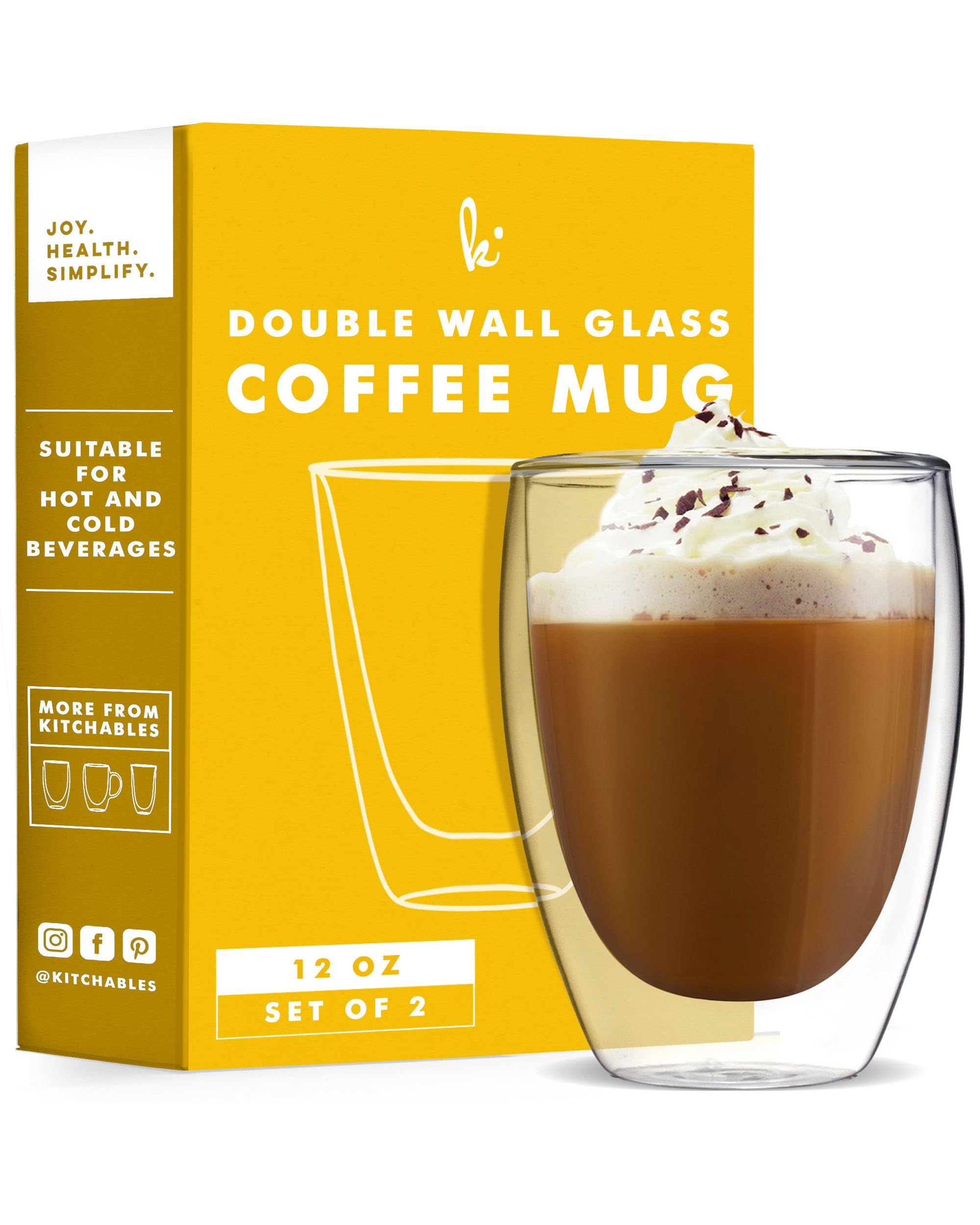 Kitchables Double Walled Glass Coffee Mugs Set of 2,12oz - Insulated Clear Coffee Mug for Cappuccino, Latte, Tea, Espresso - Latte cup - Tazas Para Cafe