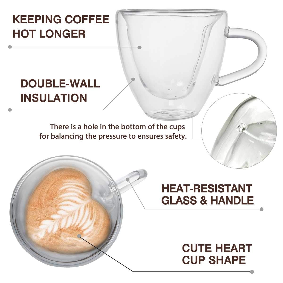 Kitchenexus Glass Espresso cups, Set of 2 5oz Double Wall Thermo Insulated Glass Espresso Shot Cups Set with Handle, Espresso Mug, Coffee Cups for Espresso and Cappuccino, Great Gift for Coffee Lover